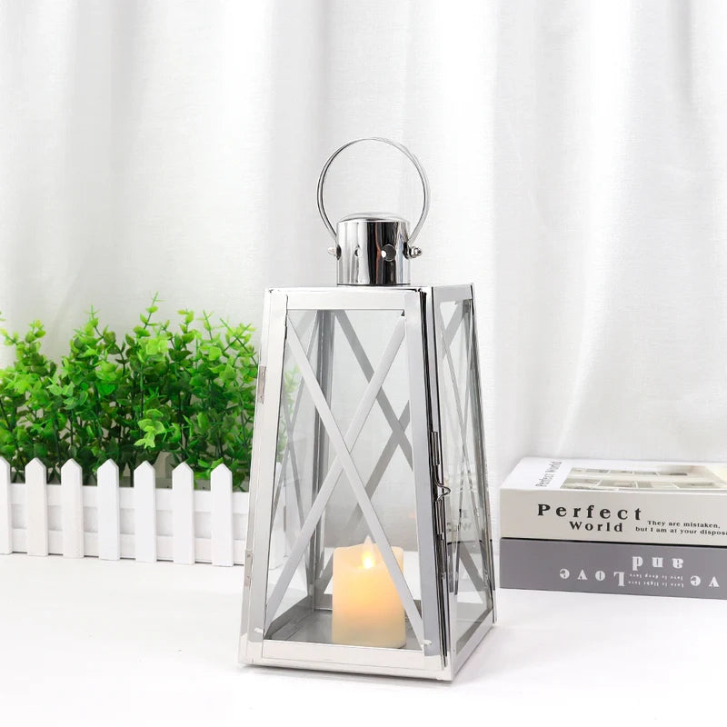 12''H Stainless Steel Decorative Lantern (Sliver Trapezoid)