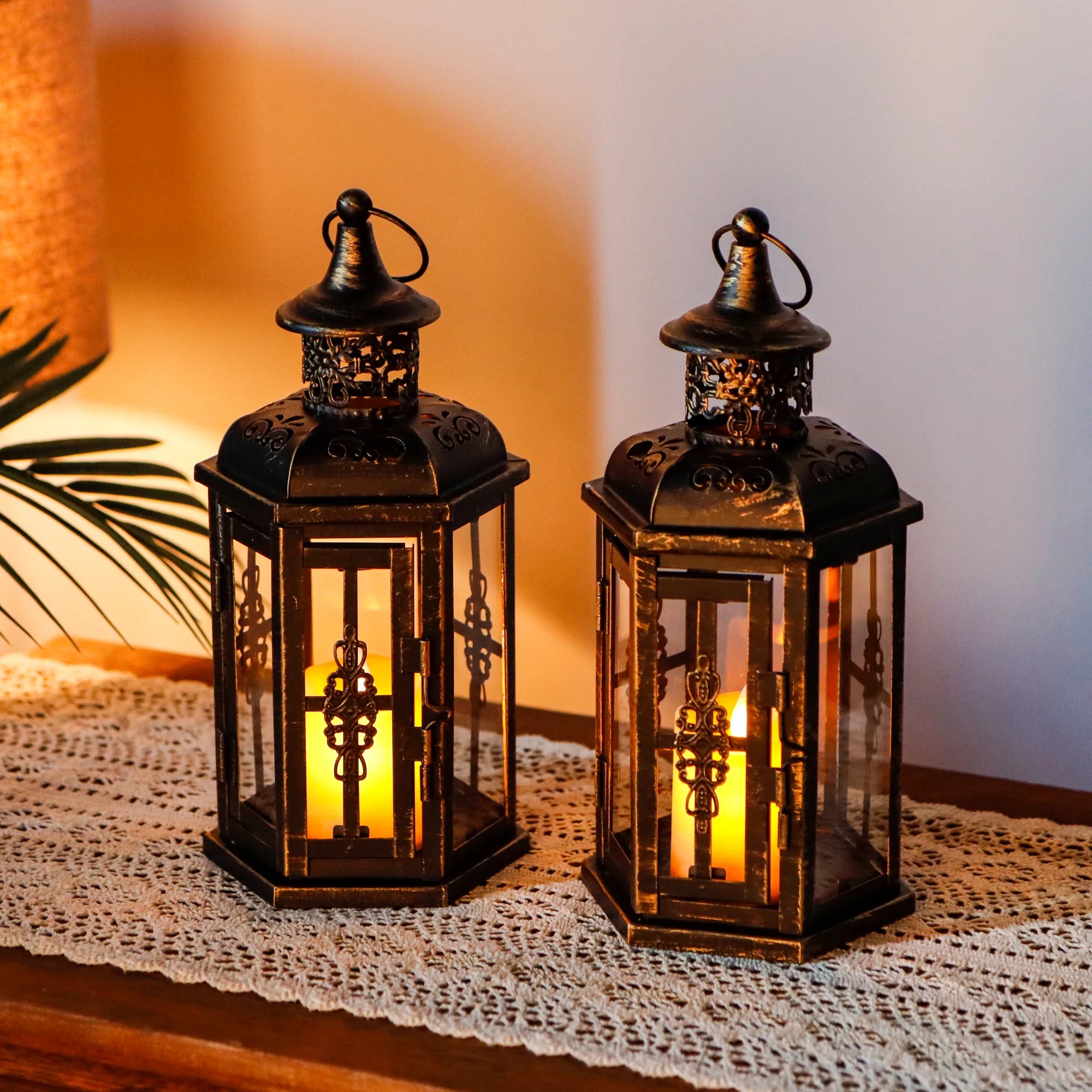 Set of 2 Decorative Lanterns -10 inch High Vintage Style Hanging Lante